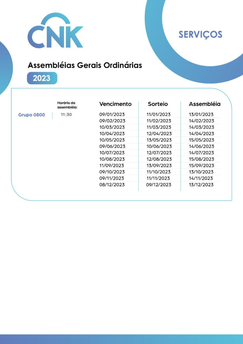 Calendário de Assembléias – Consórcio Nacional CNK